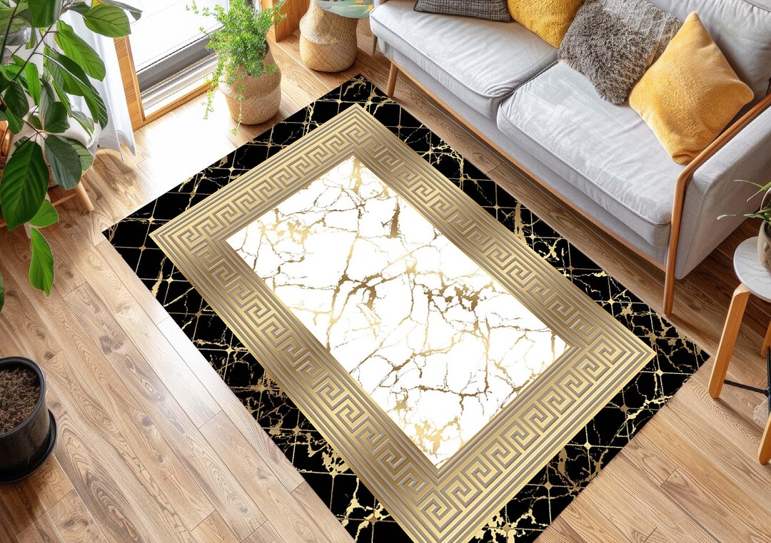 Marble Rug, Greek Patterned Rug, Black Beige Gold Color Rug, Greek ...