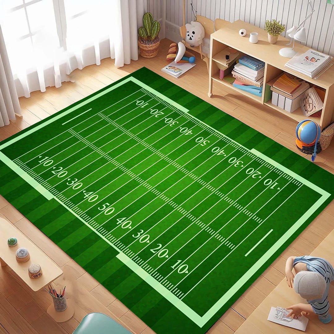 Football Field Rug, Sports Theme, Green Playroom Mat, Game Room Rug ...