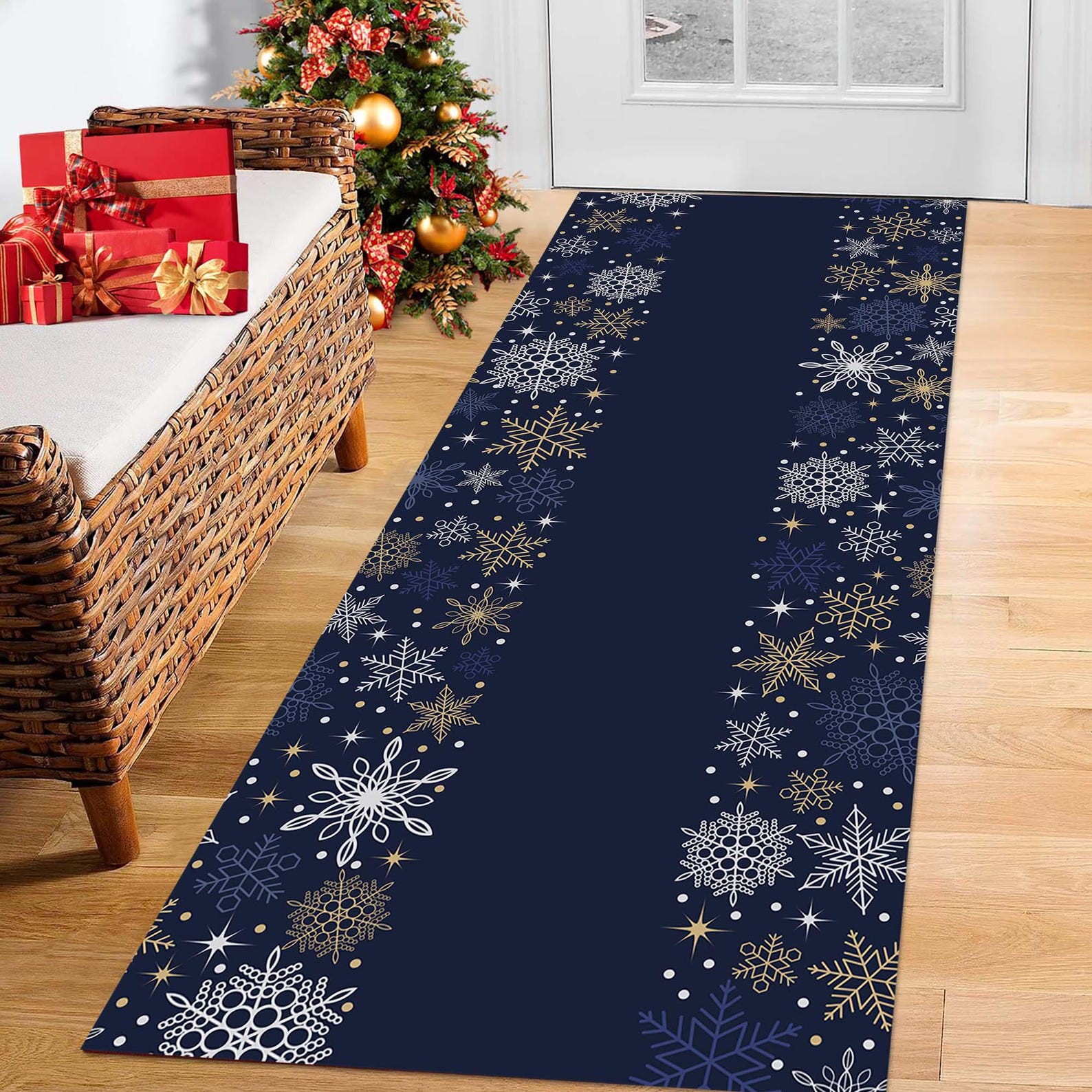 Snowflake Rug, Winter Hallway Runner, Elegant Xmas Carpet, Holiday Mat ...