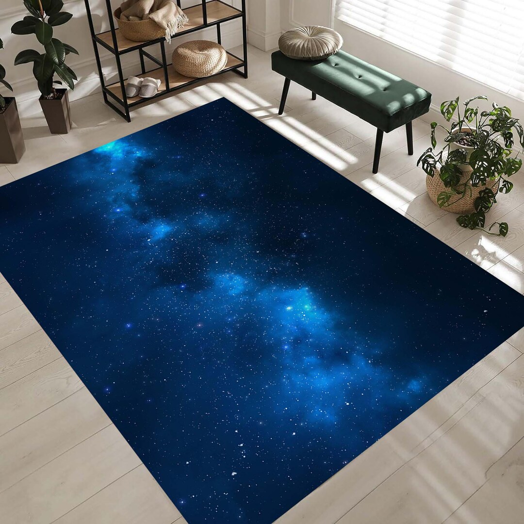 Starry Rug, Space Themed Rug, Galaxy Patterned Rug, Blue Rug ...