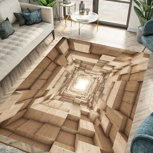 Wood Look 3D Rug, Modern, Depth, Geometric, Natural, Decorative ...