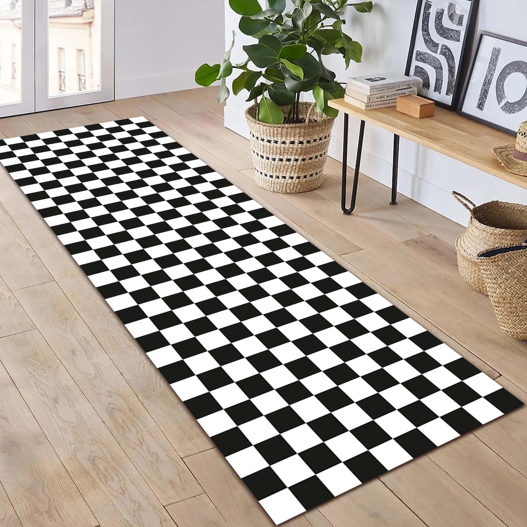 Classic Black and White Checkerboard Runner Rug, Modern Geometric ...