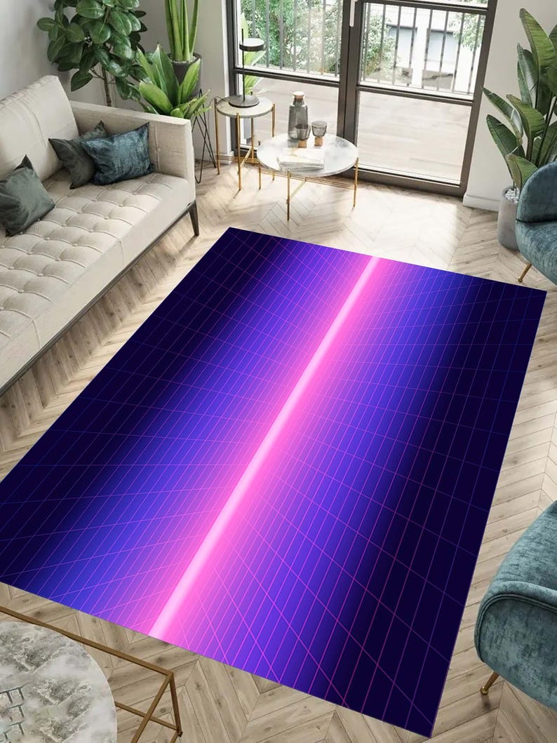 Retro Futuristic Rug, 80s Grid Carpet, Neon Aesthetic Mat, Vaporwave ...