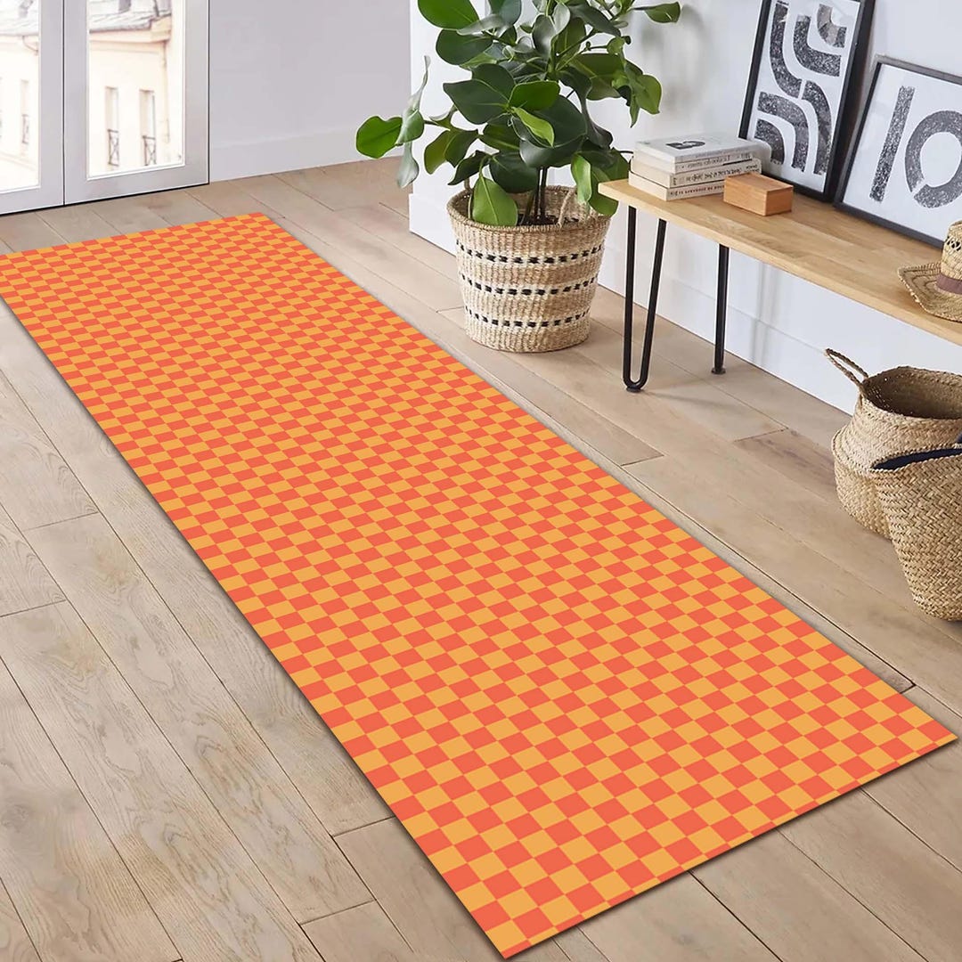 Checkerboard Rug, Retro Hallway Runner, Orange and Yellow Rug, Vintage ...