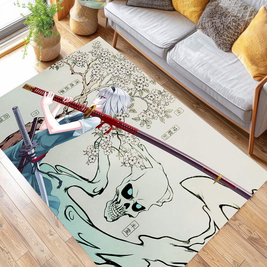 Anime Sword Rug, Samurai Rug, Cherry Blossom Floor Mat, Unique Anime ...