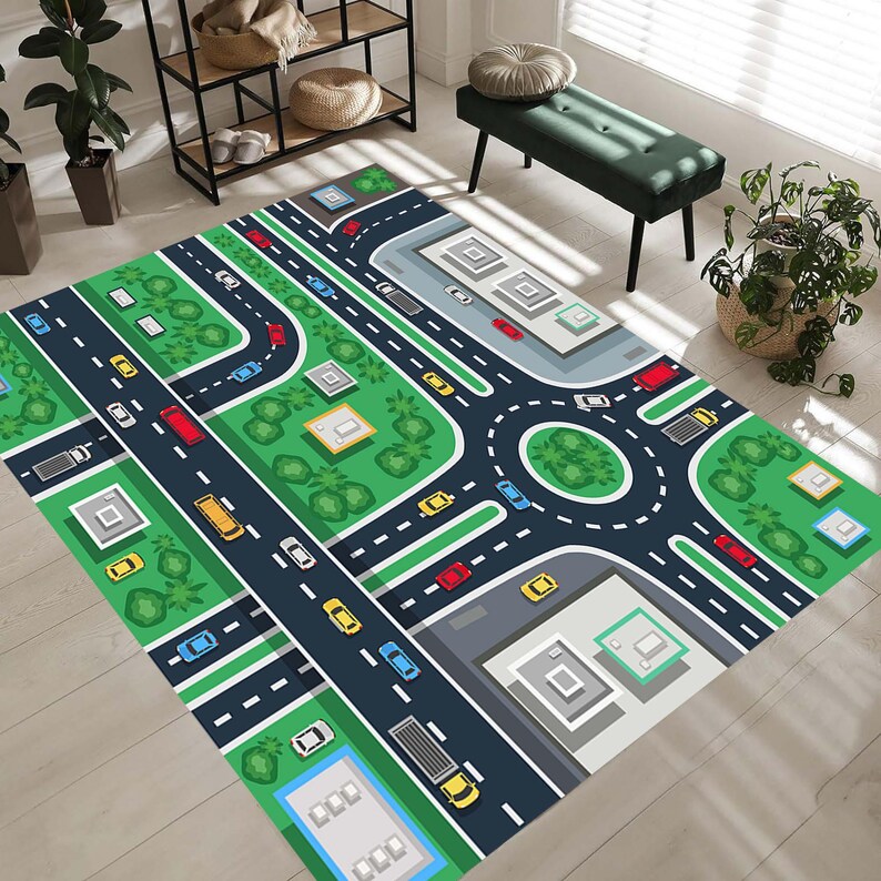 Kids Play Rug, Car Track Mat, Road Map Carpet, Playroom Rug, Non-slip ...