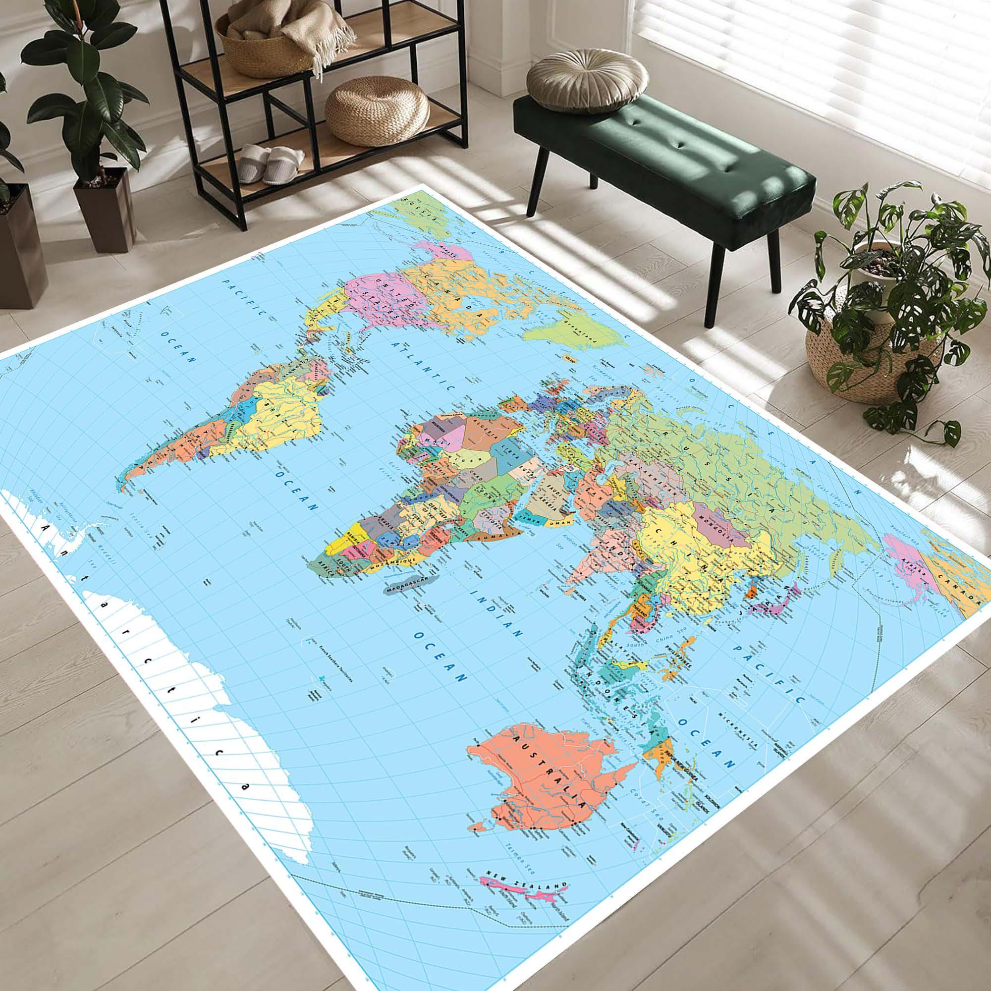 Map Area Rug, World Atlas Carpet, Geography Floor Mat, Travel Decor ...