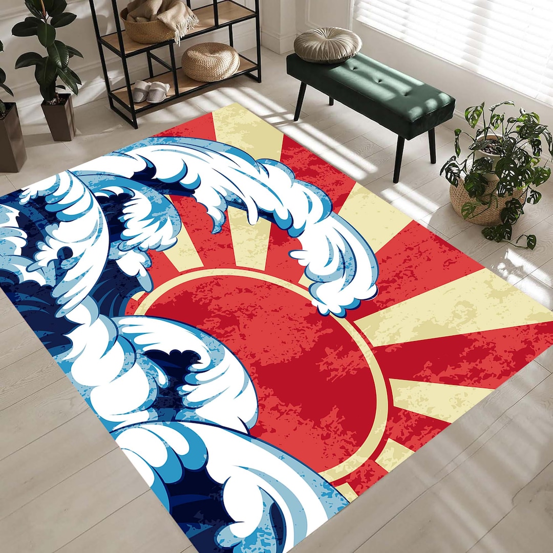 Japanese Wave Rug, Rising Sun Carpet, Ukiyo-e Art Mat, Great Wave Decor ...