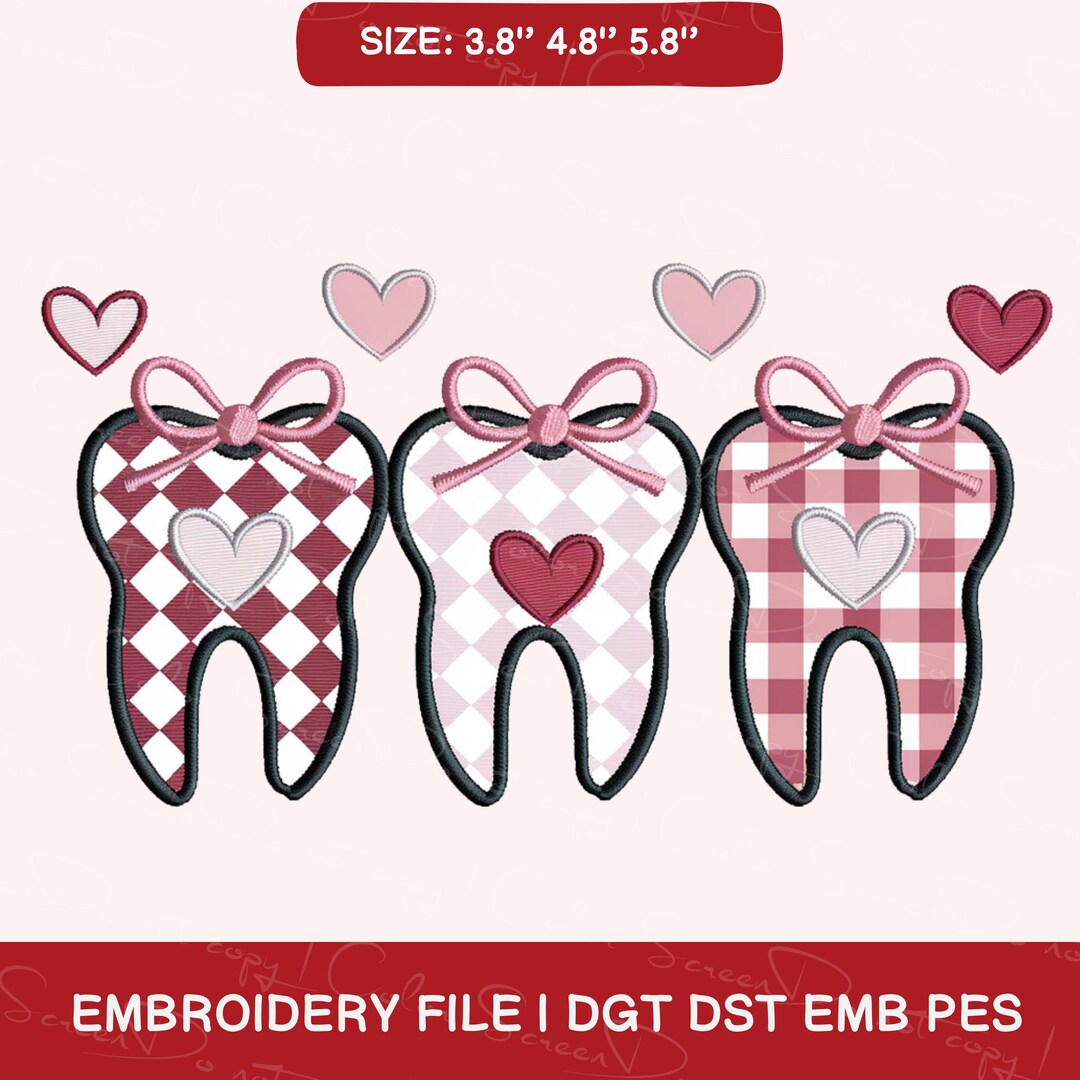 Cute Valentines Day Dental Machine Embroidery Checkered Tooth Design ...
