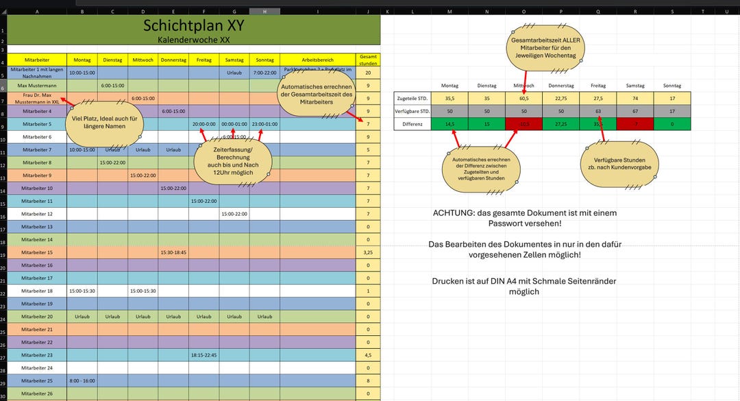 Shift Plan Excel Time Recording With Hourly Calculation for 35 ...