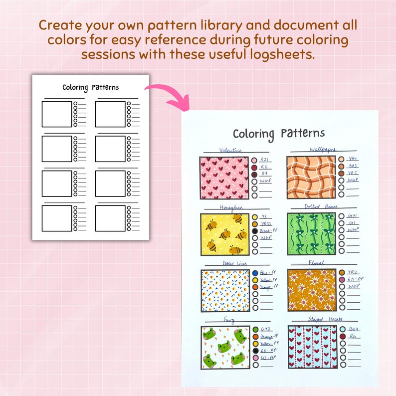 ULTIMATE Coloring Pattern Pages Practice Logsheets, Color Swatch Charts ...