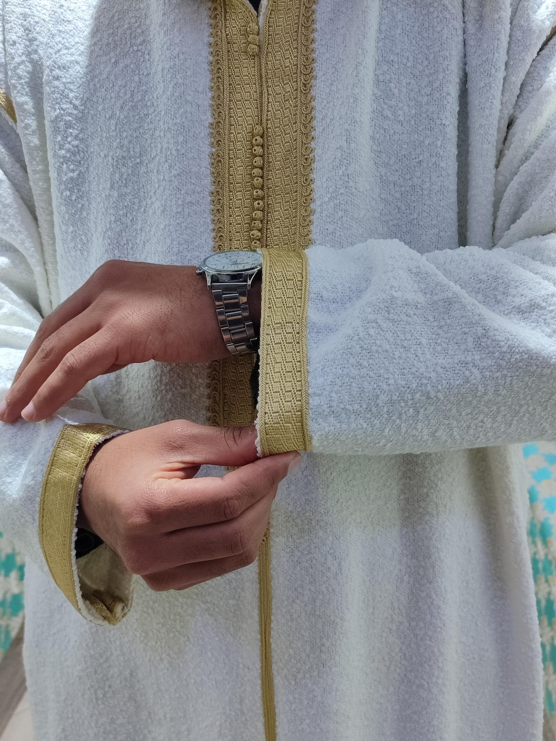 White & Gold Traditional Moroccan Djellaba for Men, Moroccan Hooded ...