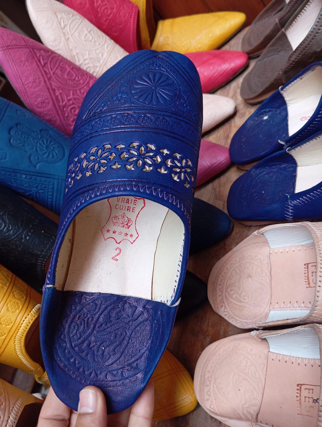 Handmade Moroccan Leather Babouche | Royal Blue Pointed Slippers ...