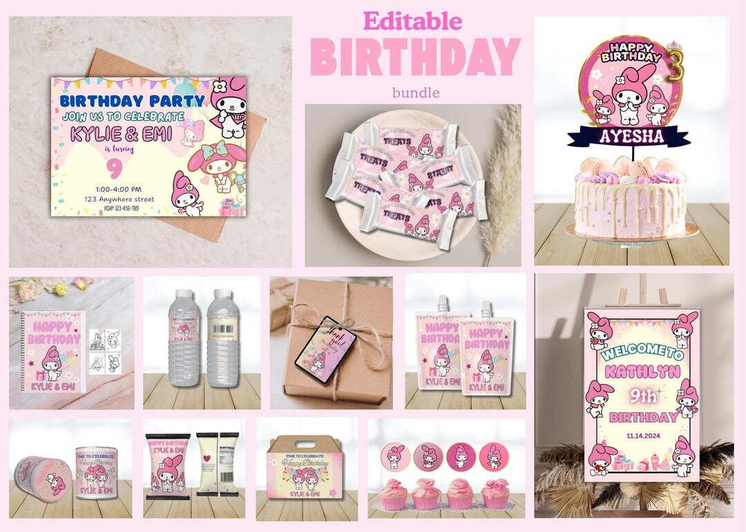 Kitty Birthday Party Bundle: Pink Invitation, Party Supplies (editable ...