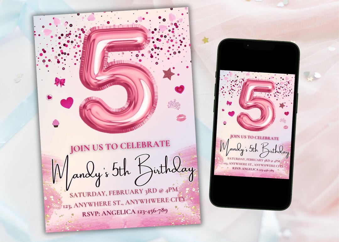 Editable Pink 5th Birthday Invitation Template, Glitter Birthday Party ...