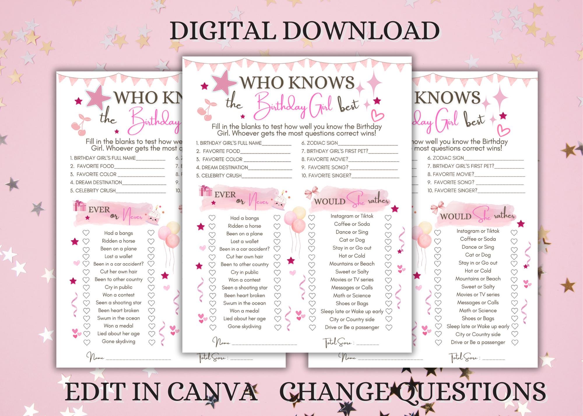 Who Knows the Birthday Girl Best, Editable Printable Pink Birthday Game ...