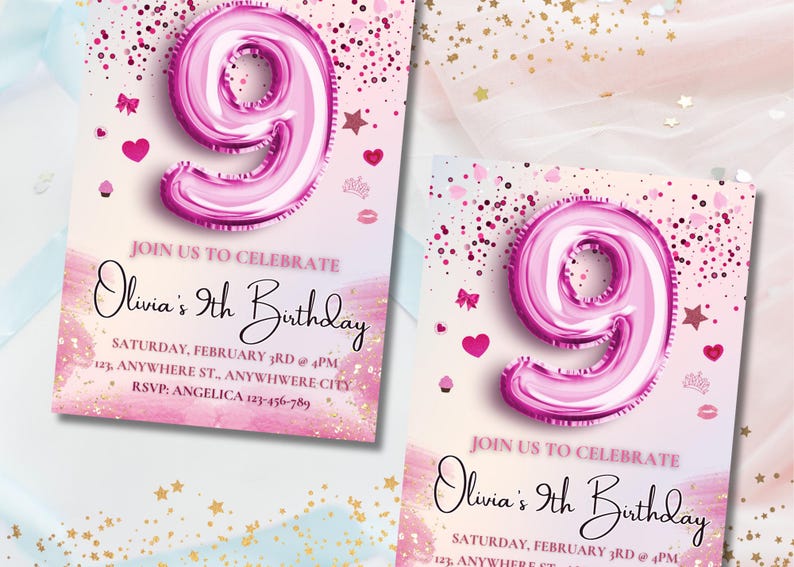 Editable Pink 9th Birthday Invitation Template, Glitter Birthday Party ...