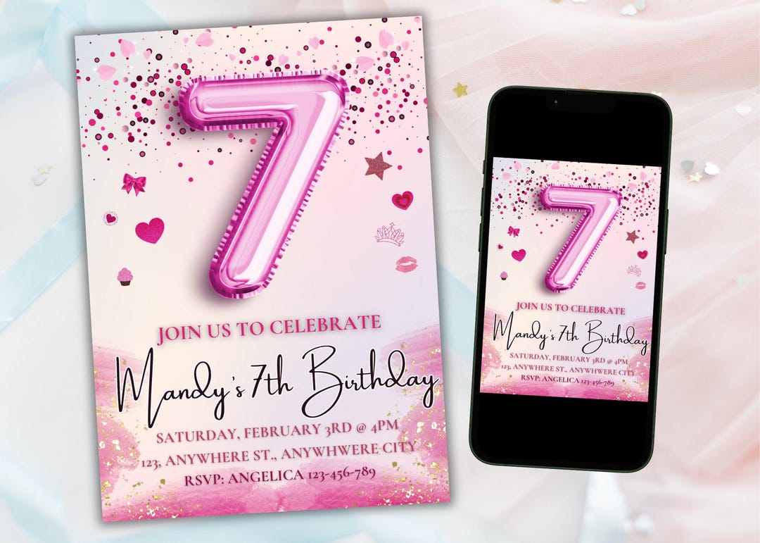 Pink 7th Birthday Invitation Template: Rainbow Glitter (editable Canva ...