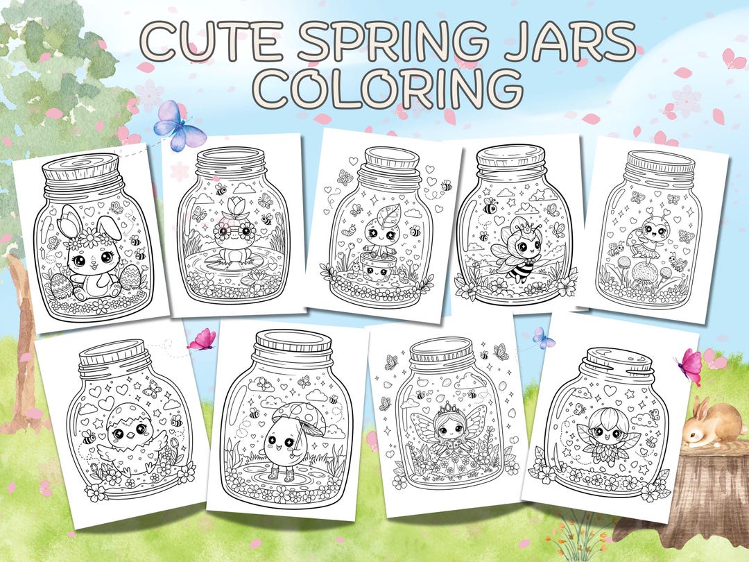 Cute Spring Jars Coloring Pages, Kawaii Printable Coloring-book, Thick ...