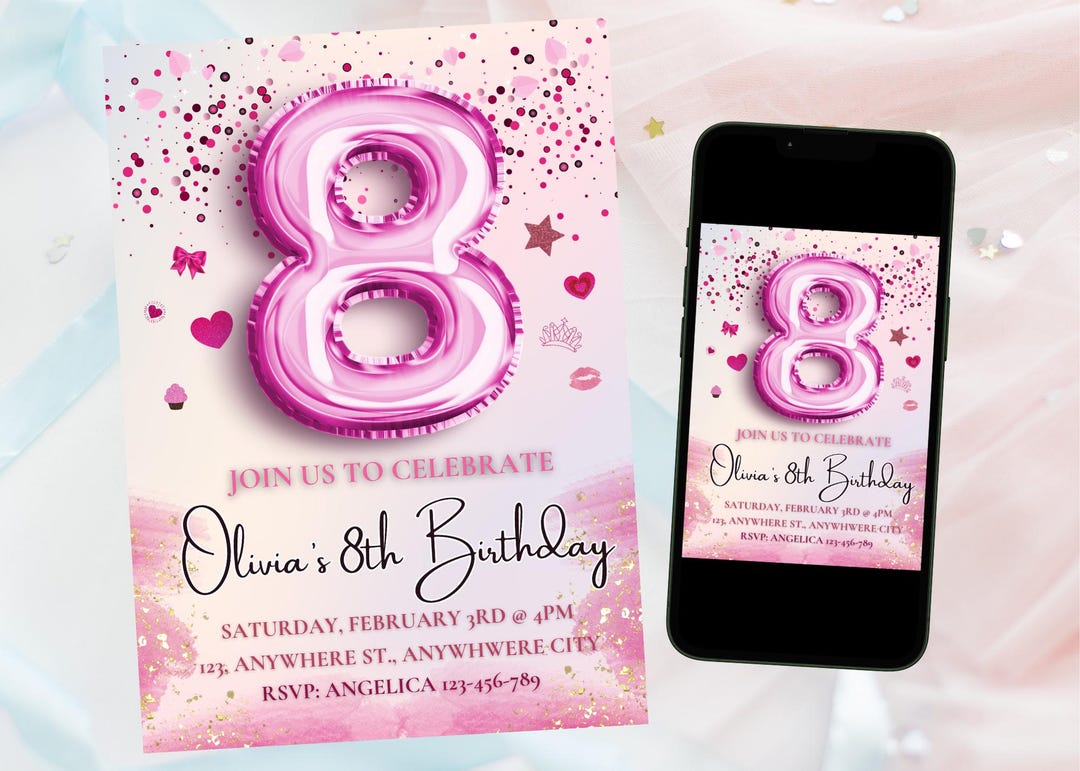 Editable Pink 8th Birthday Invitation Template, Glitter Birthday Party ...