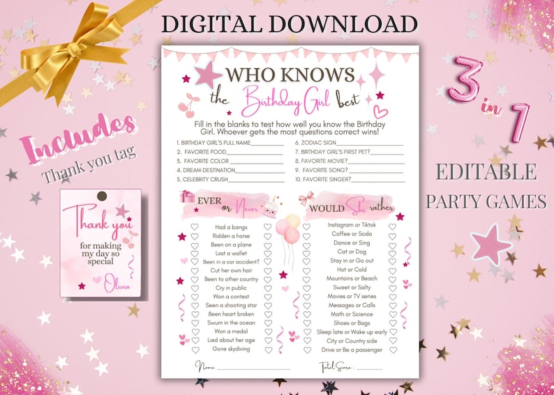 Who Knows the Birthday Girl Best, Editable Printable Pink Birthday Game ...