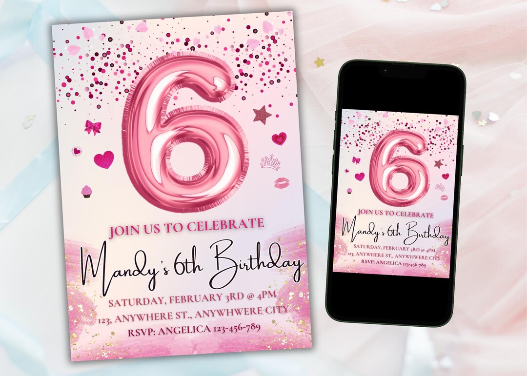Editable Pink 6th Birthday Invitation Template, Glitter Birthday Party ...