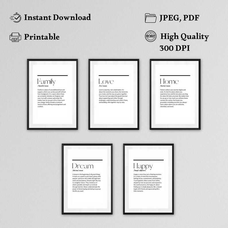 Home Definition Wall Art | Black and White | Wall Art Set of 5 ...