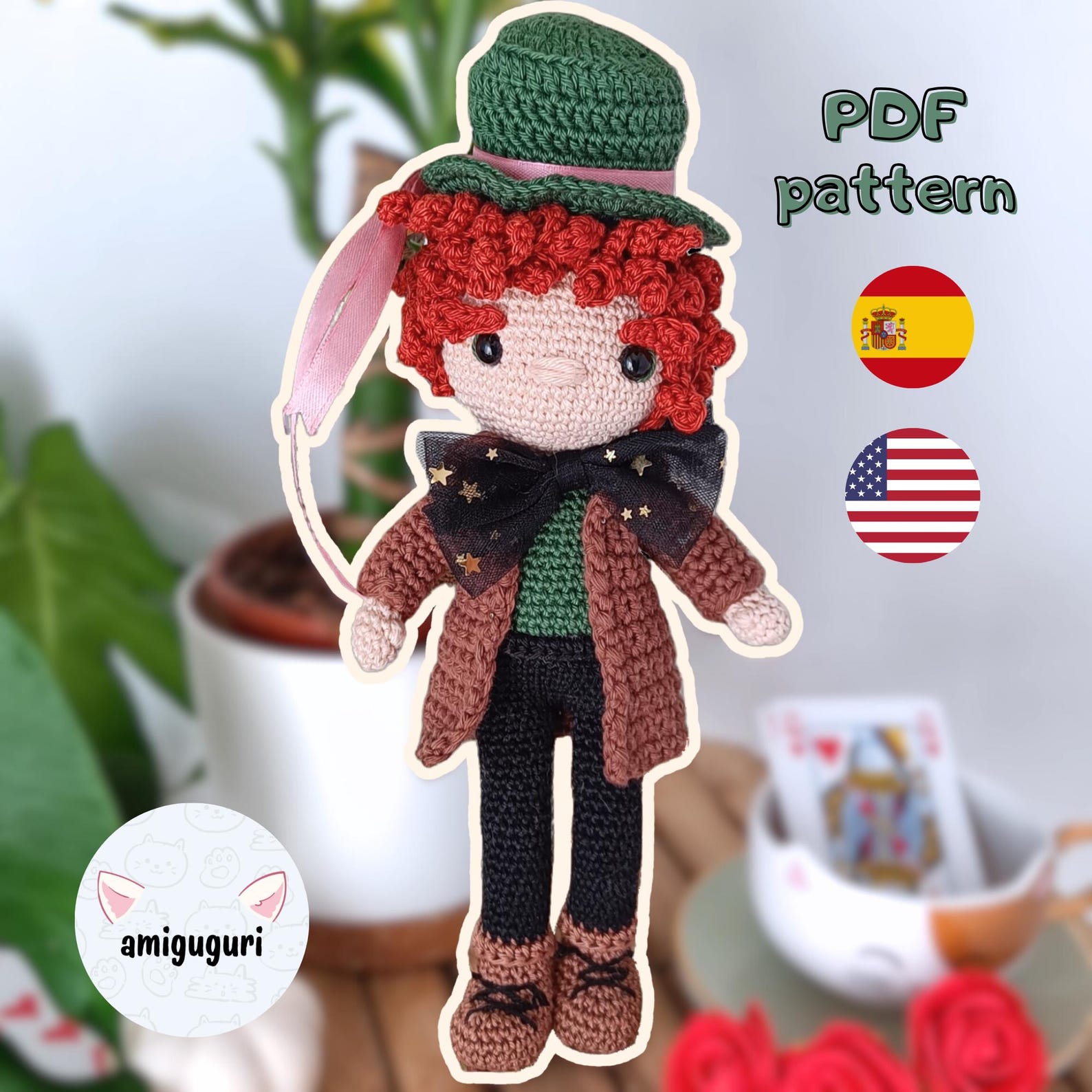 Mad Hatter Amigurumi Crochet Pattern DIY Digital PDF in English and Spanish. Alice in Wonderland ...