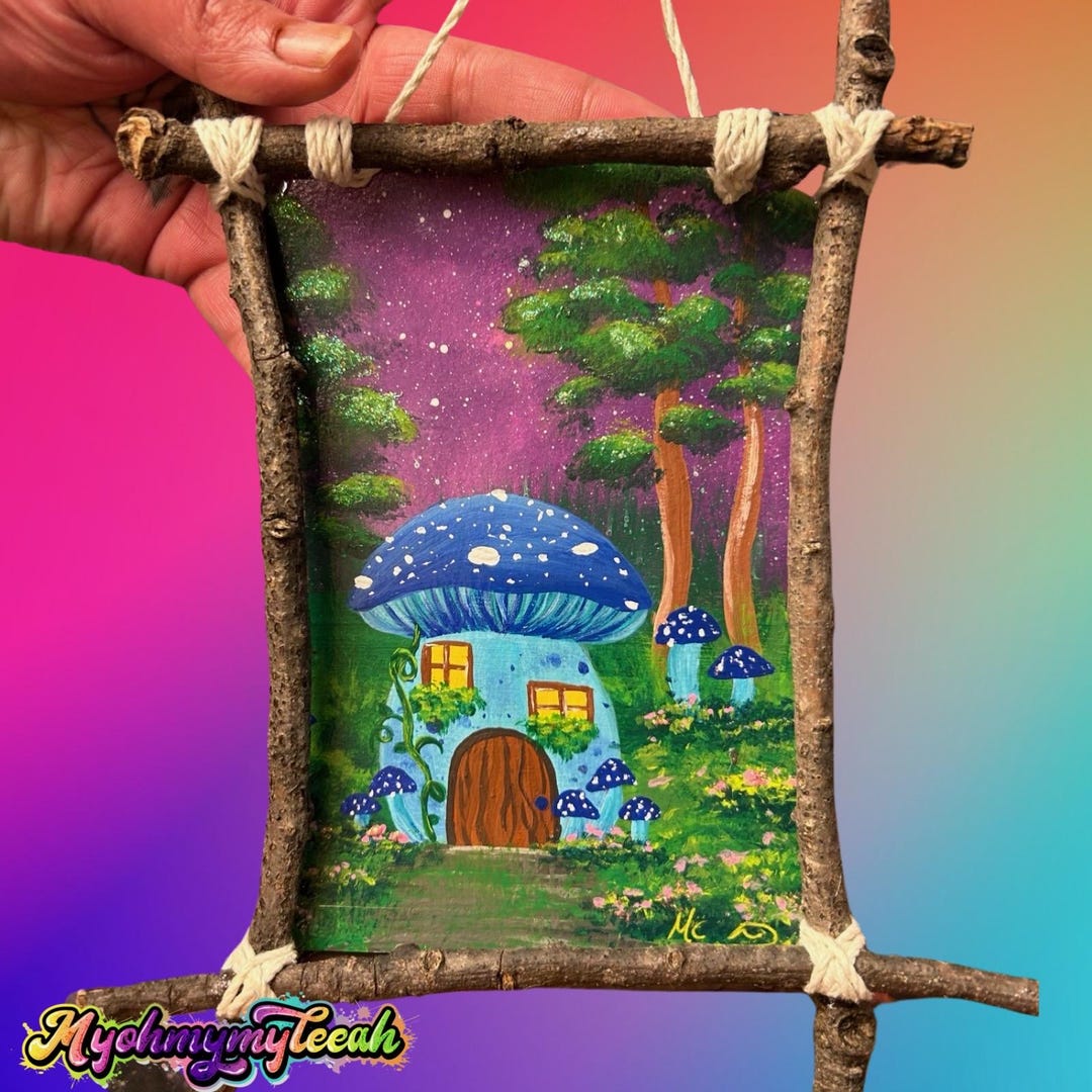 Blue Mushroom House Painting With Twig Frame - Etsy