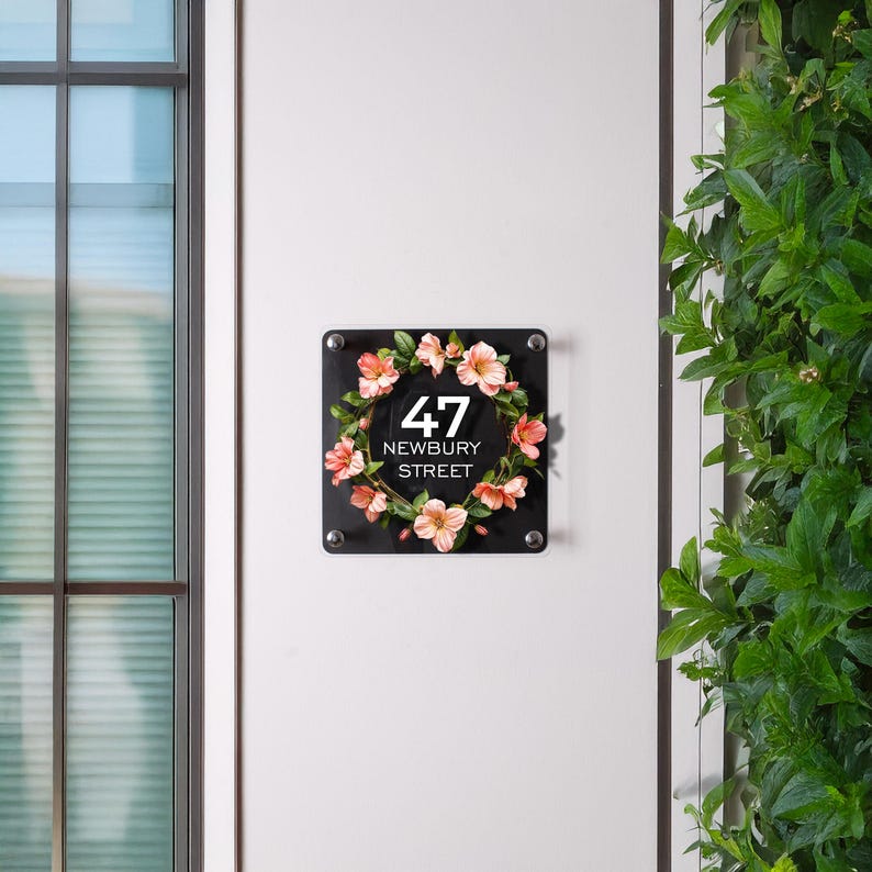 Custom Floral House Number Sign – Metal & Acrylic Personalized Address ...