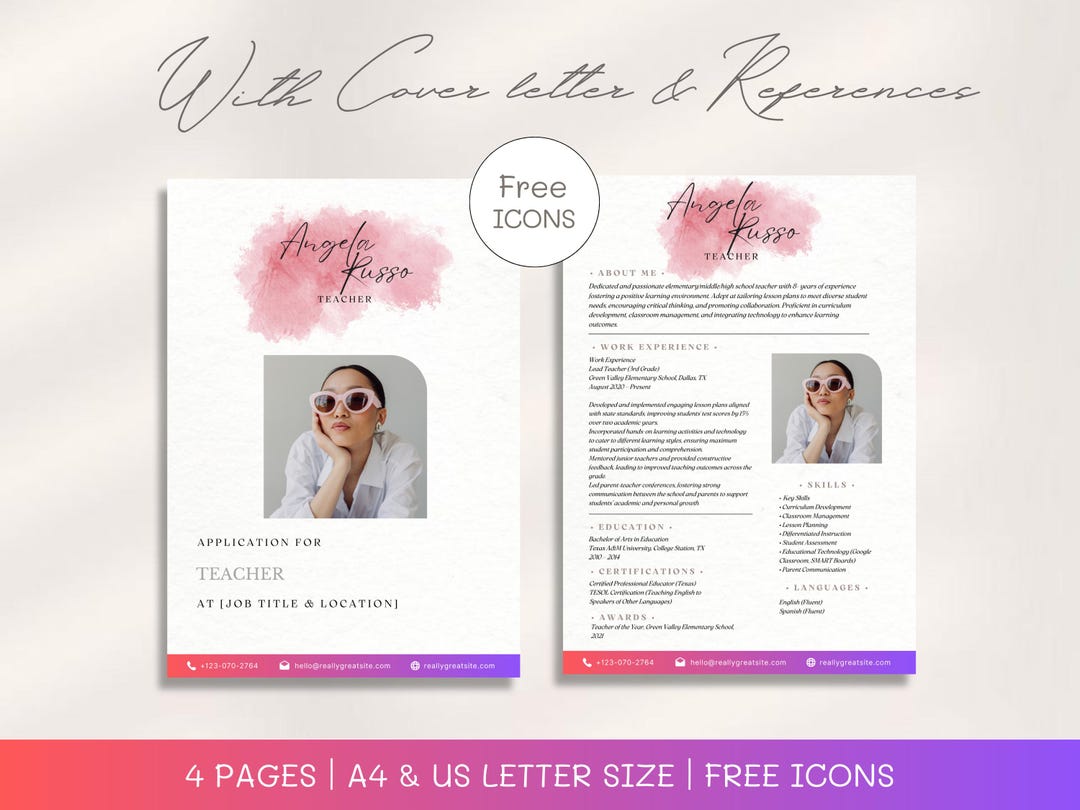 Teacher Resume Template: Pink Watercolor CV With Cover Letter (canva ...