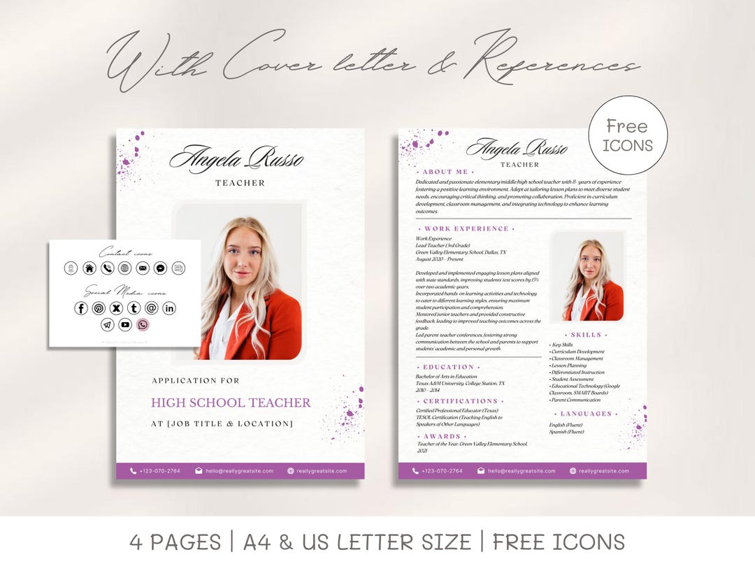 Teacher Resume Template: Purple Canva CV With Cover Letter (digital ...