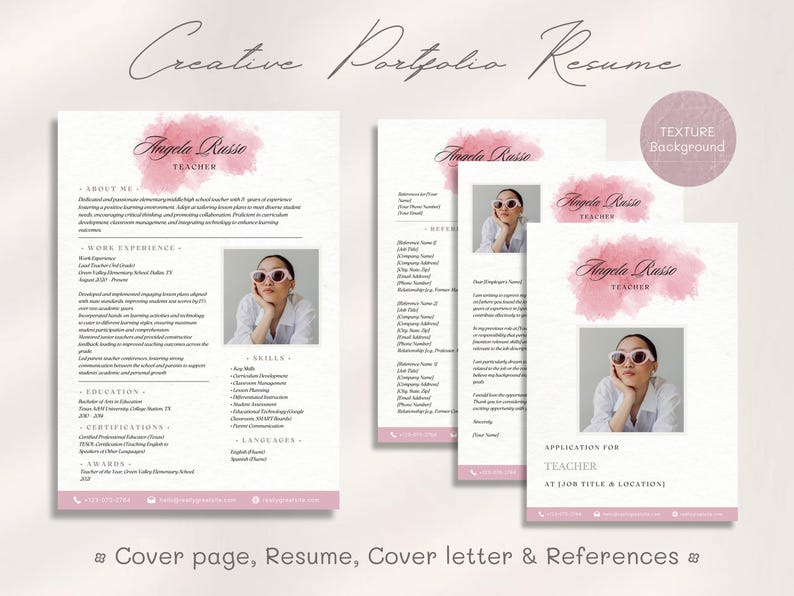 Pink Watercolor Teacher Portfolio Template: Canva Resume, Cover Letter ...