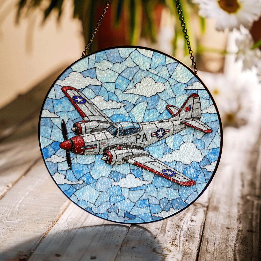 Vintage Airplane Suncatcher Stained Glass Gift for Aviation Lovers Home ...
