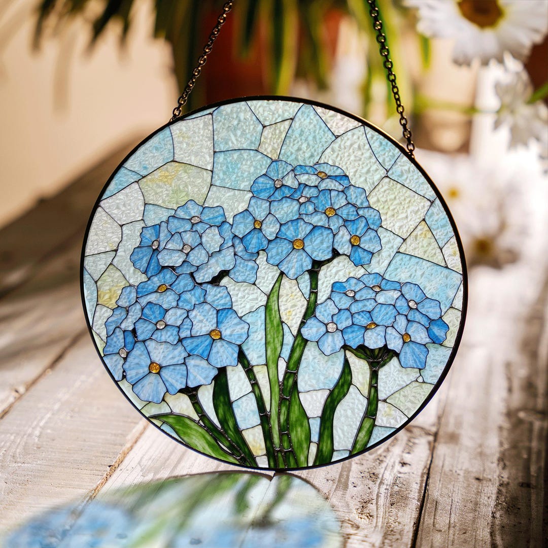 Blue Hydrangea Floral Stained Glass Round Suncatcher Window Decor Gift ...