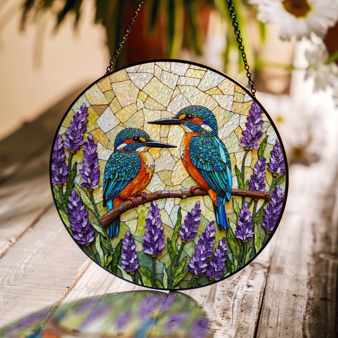 Kingfishers on Branch Stained Glass Window Suncatcher Gift for Bird ...