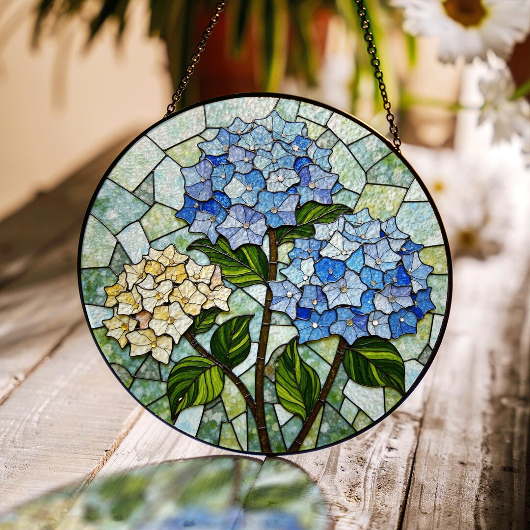 Blue Hydrangea Floral Stained Glass Round Suncatcher Window Hanging ...