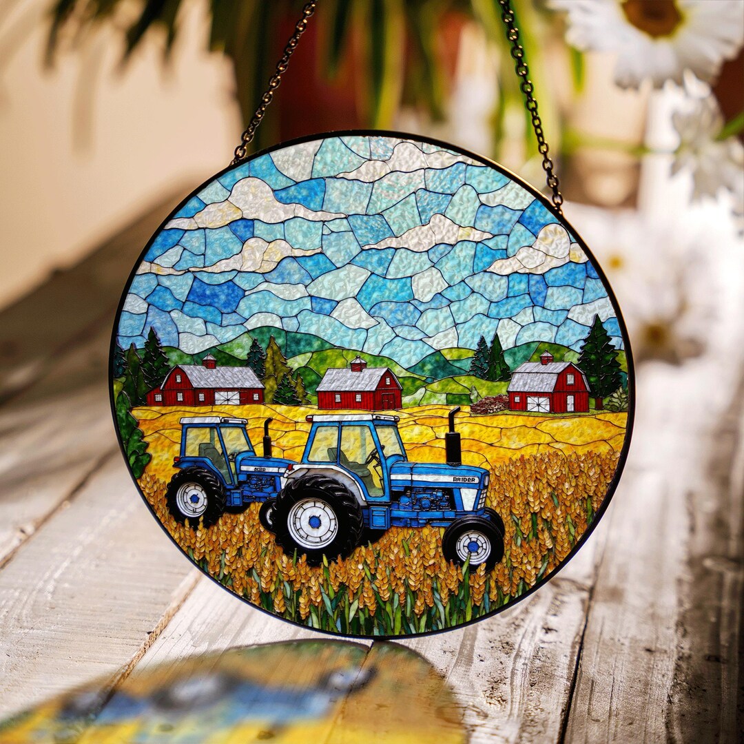Blue Tractor Farm Scene Stained Glass Suncatcher Window Hanging Gift ...