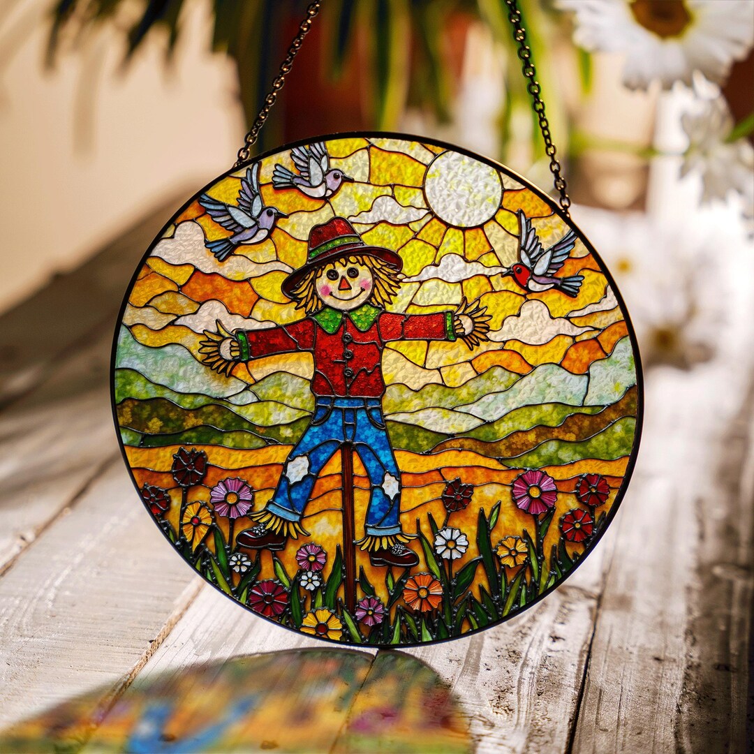 Suncatcher Stained Glass Scarecrow in Autumn Field With Birds Rustic ...