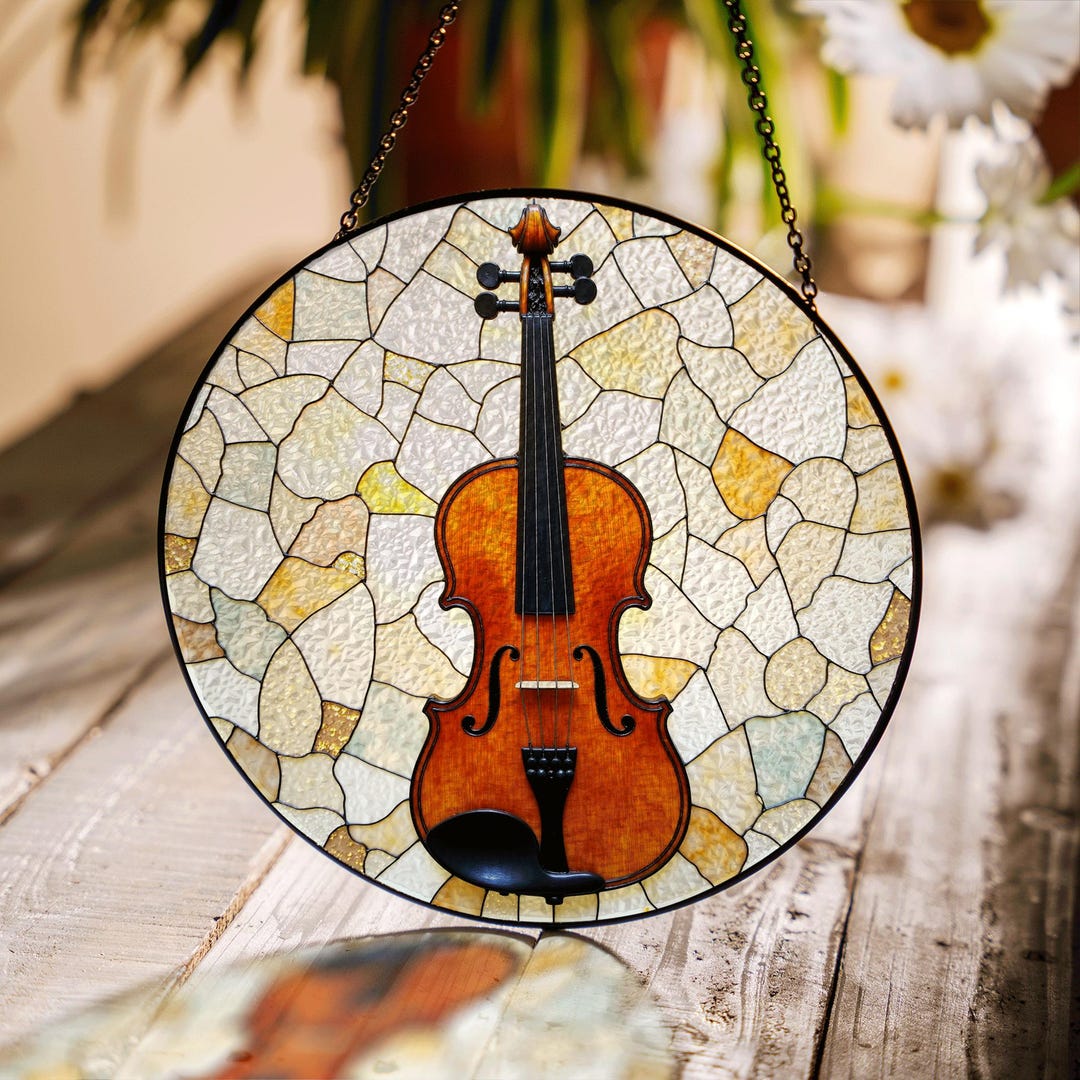 Violin Stained Glass Round Panel With Vintage Texture Music Window ...