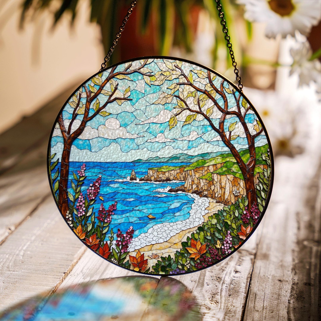 Coastal Cliff View Stained Glass Suncatcher Ocean Beach Window Decor ...
