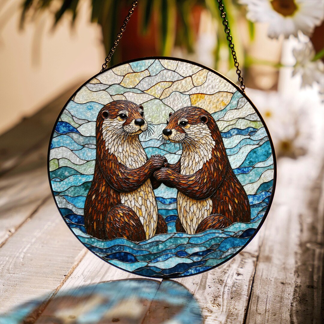 Two Otters Holding Hands Ocean Blue Glass Suncatcher Window Decor Gift ...
