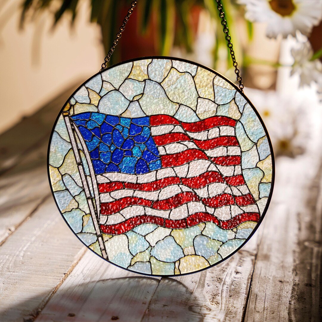 Stained Glass American Flag Suncatcher Patriotic Window Decoration Gift ...