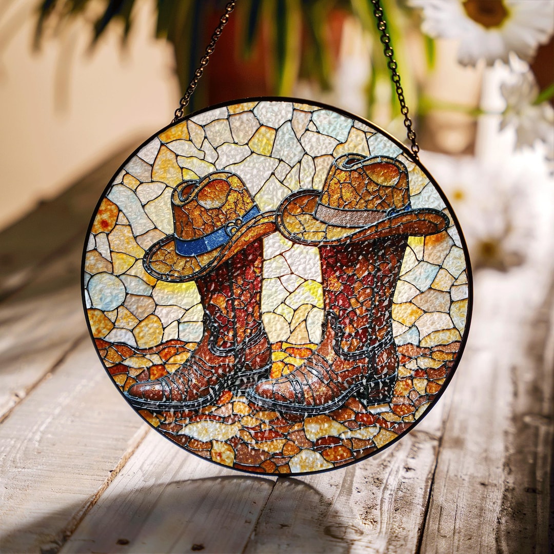 Cowboy Boots and Hats Stained Glass Suncatcher Handmade Western Decor ...