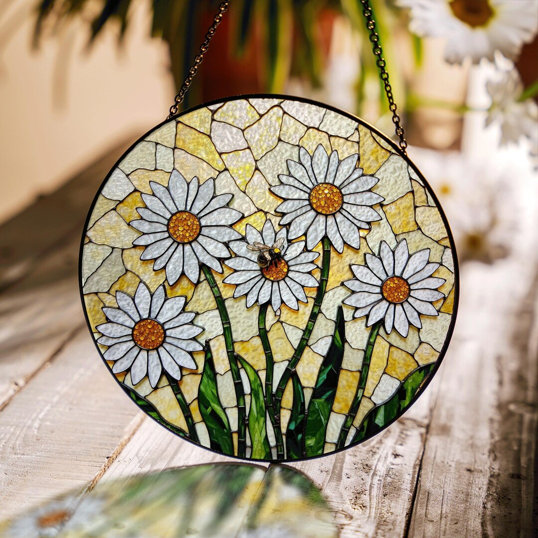 Daisies Stained Glass Window Panel Round Suncatcher Sunlight Catcher ...