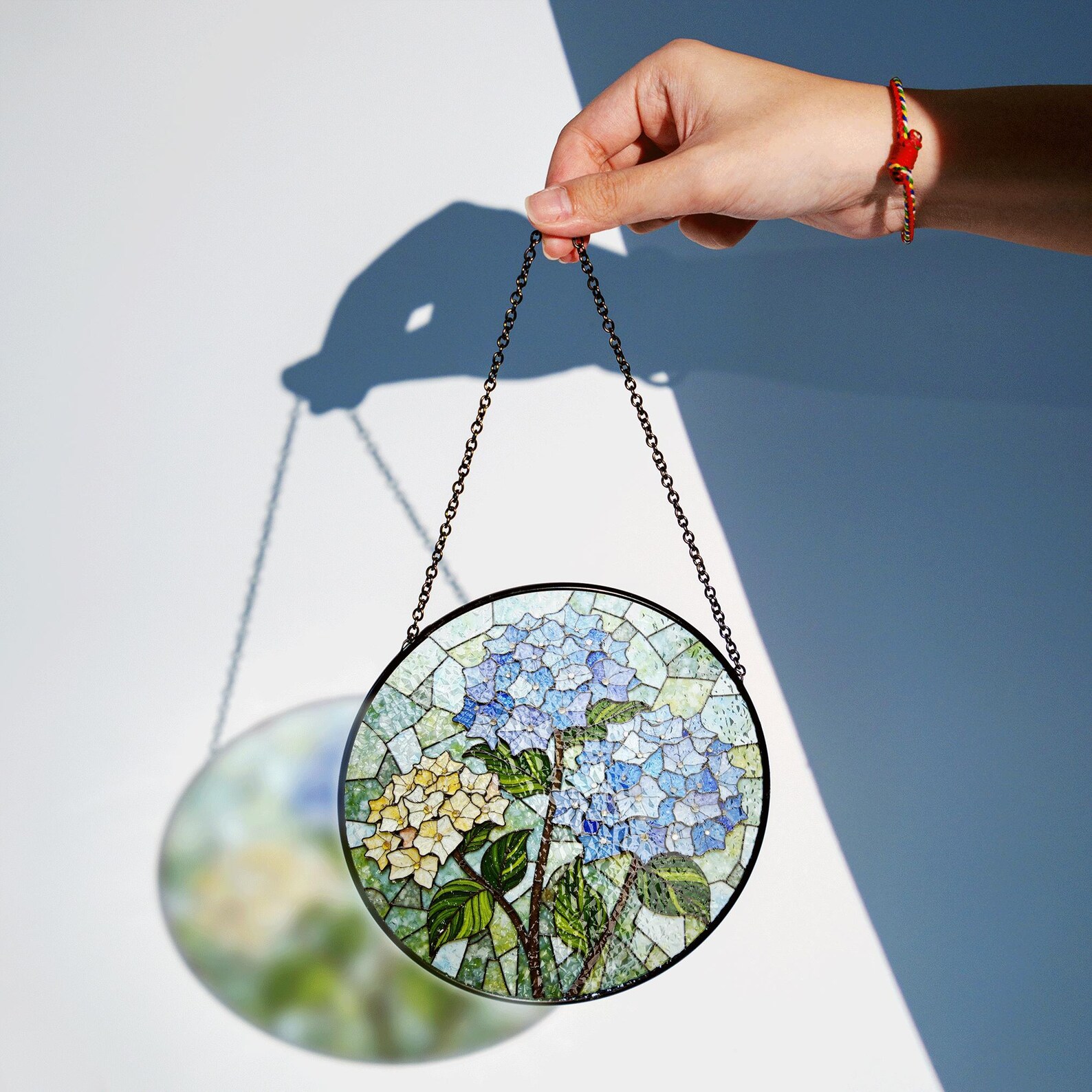 Blue Hydrangea Floral Stained Glass Round Suncatcher Window Hanging ...