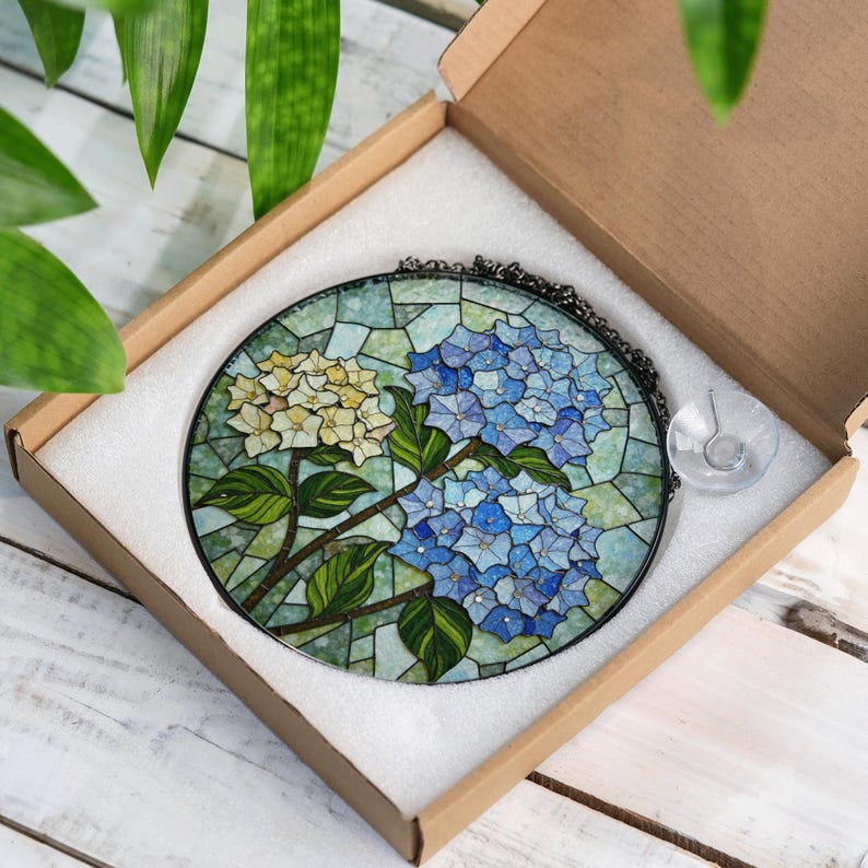 Blue Hydrangea Floral Stained Glass Round Suncatcher Window Hanging ...