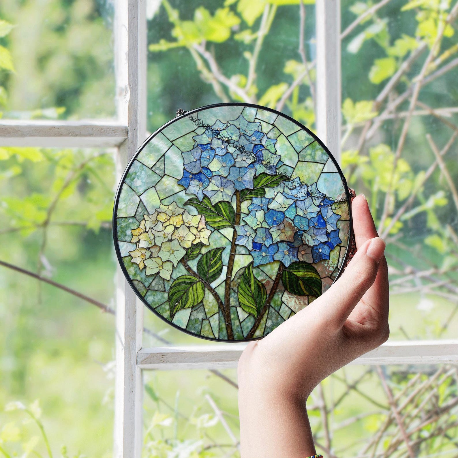 Blue Hydrangea Floral Stained Glass Round Suncatcher Window Hanging ...