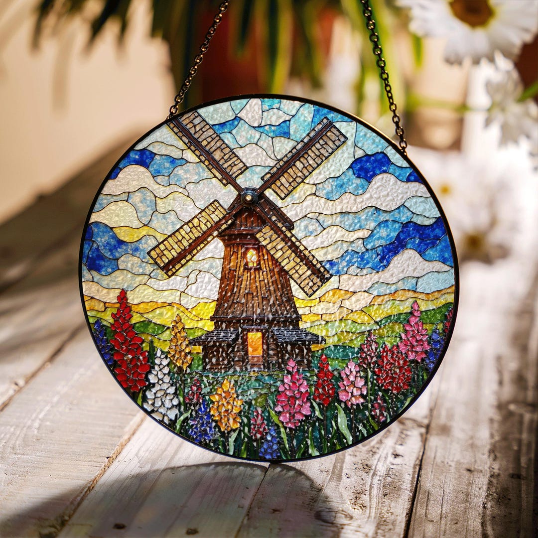 Stained Glass Windmill Suncatcher Colorful Flowers Gift for Home Decor ...