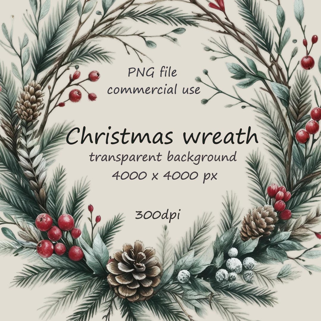 Christmas Wreath Clipart PNG - Transparent Background Digital Download ...